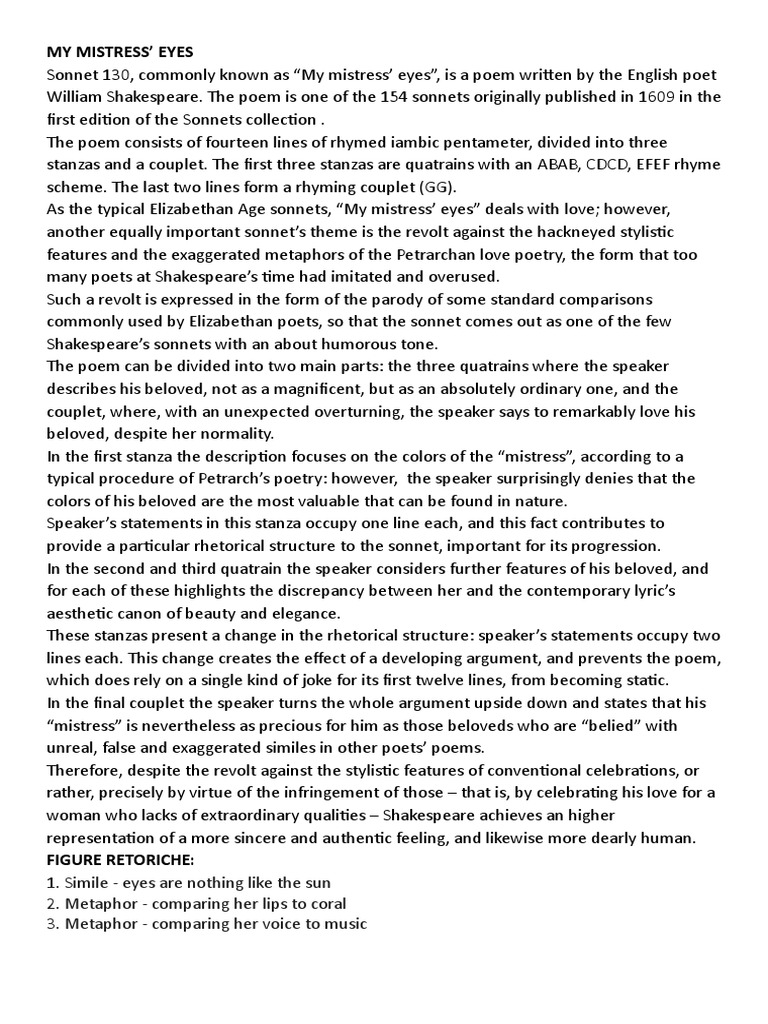 My Mistress Eyes Pdf Sonnets Stanzaic Form