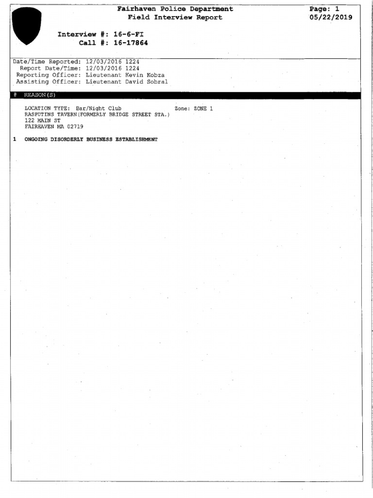 Fairhaven Police Field Interview Report - Rasputin's | PDF