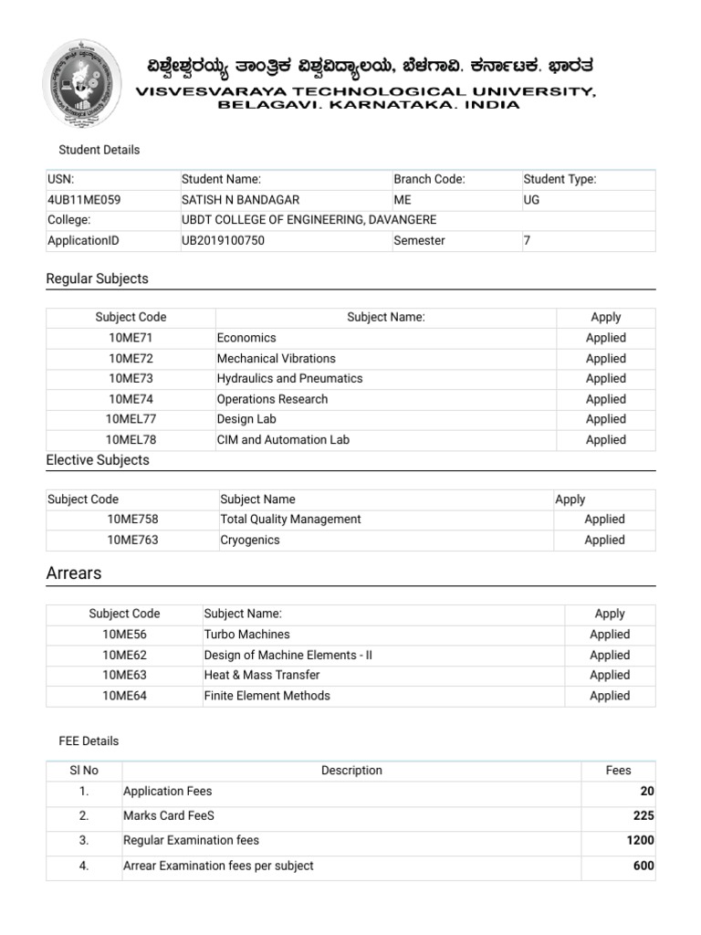 VTU Exam Application For | PDF | Mechanical Engineering | Engineering