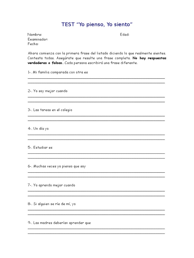 Test "Yo pienso, Yo siento" | PDF | Ocio