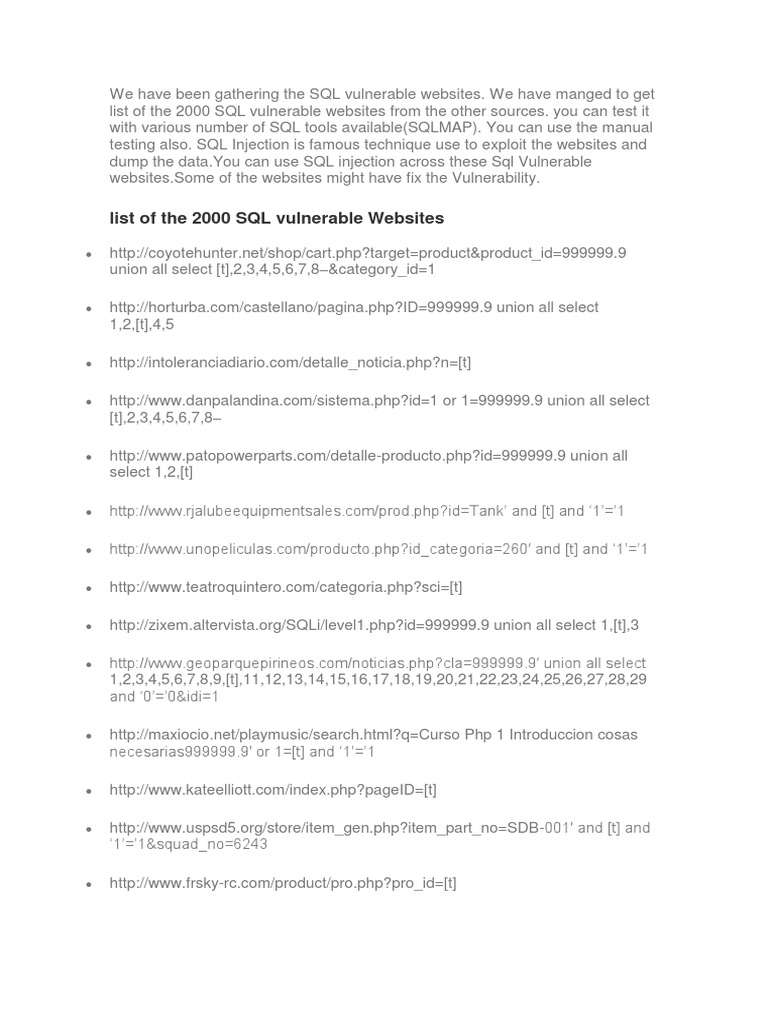 We Have Been Gathering The Sql Vulnerable Websites Download Free Pdf Cyberwarfare Security 