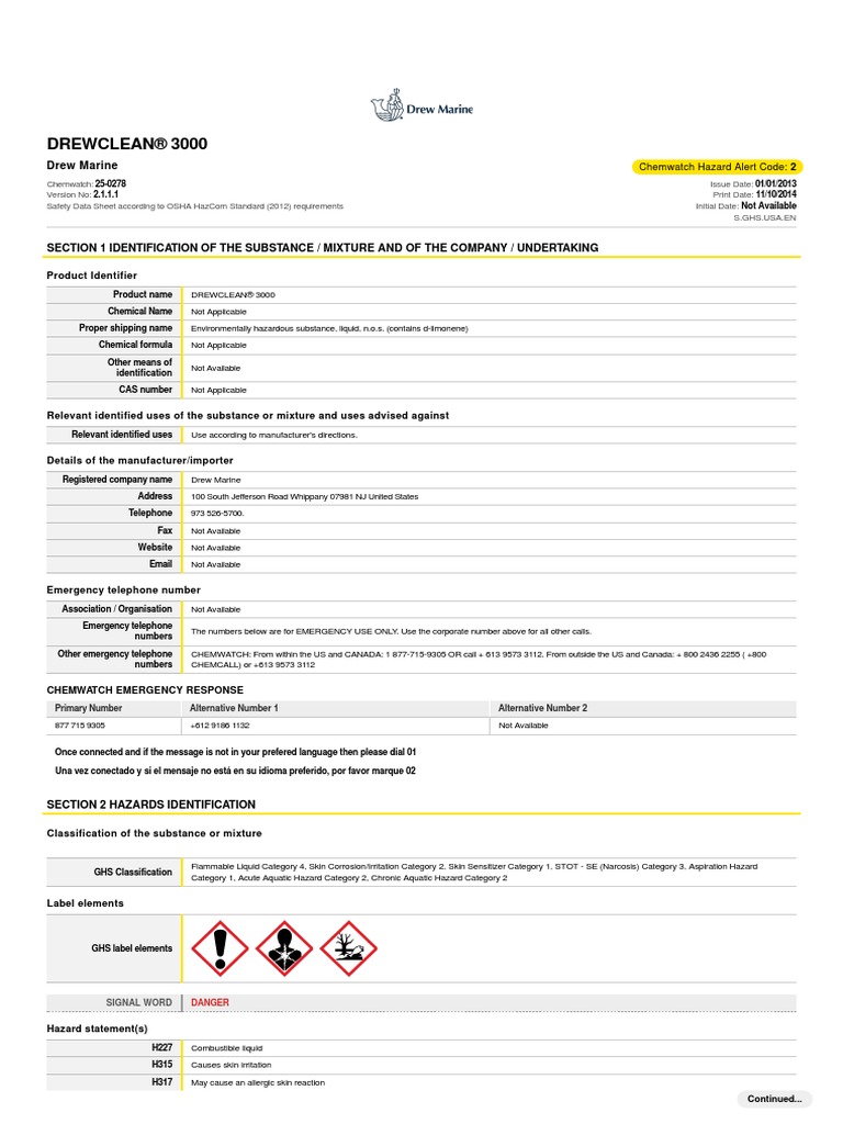 DREWCLEAN 3000_MSDS | Chemistry | Nature