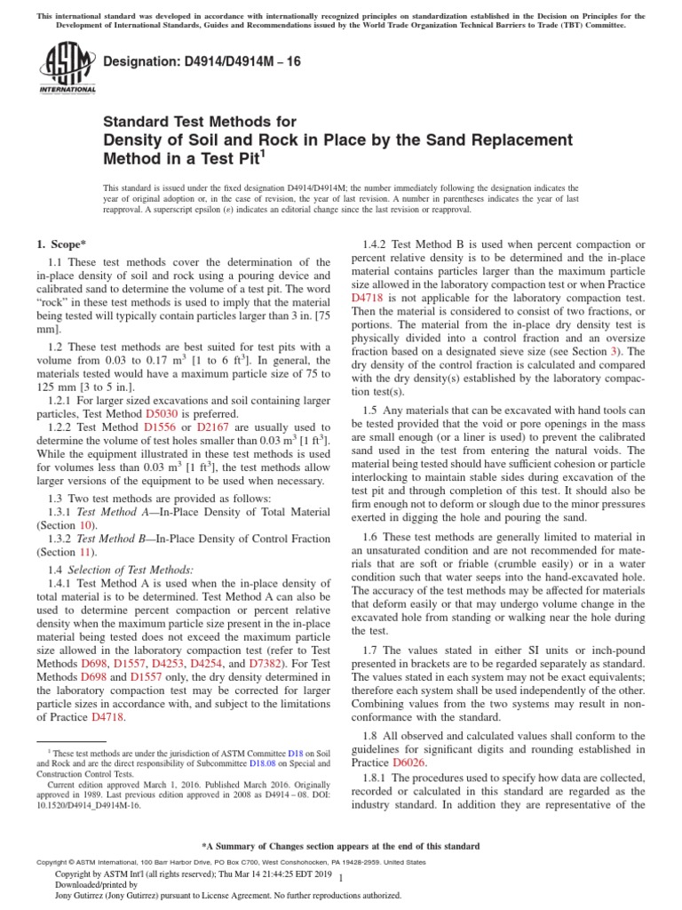 Density of Soil and Rock in Place by The Sand Replacement Method in A ...