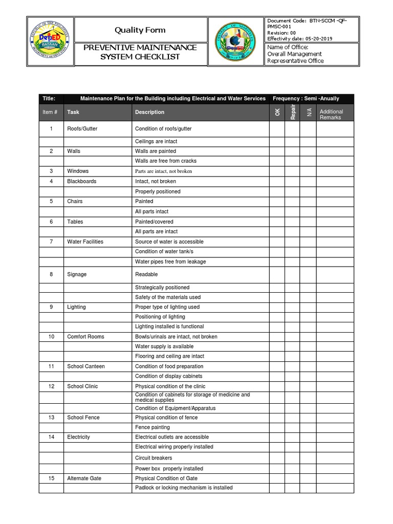 QMR Maintenance Plan For Building Including Electrical and Water Services | PDF | Lighting ...