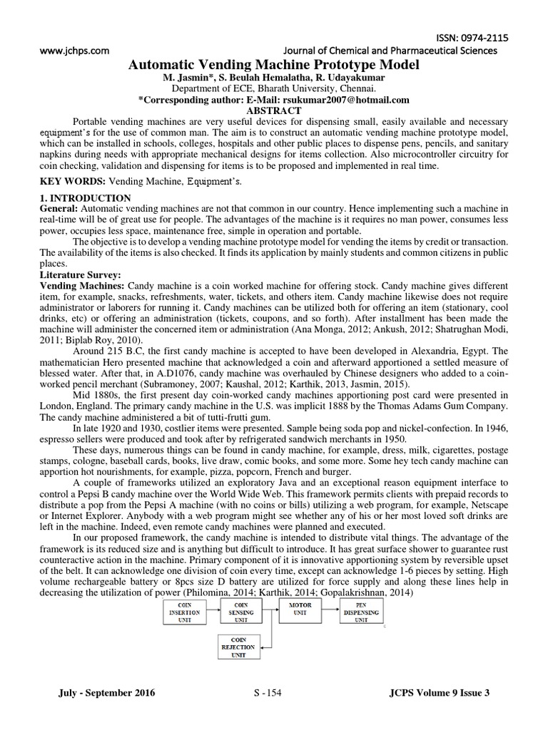 Automatic Vending Machine Prototype Model: ISSN: 0974-2115 | PDF ...