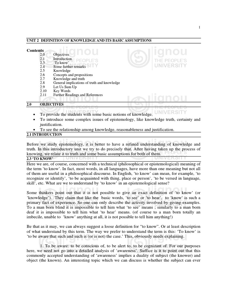 Unit 2 Definition of Knowledge and Its Basic Assumptions | PDF | Truth ...