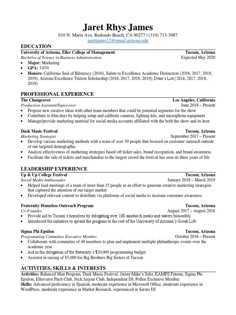 Jaret Rhys James Resume 2020 | PDF | Fraternities And Sororities ...