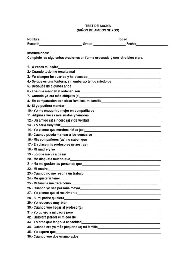 Test de Sacks de Frases Incompletas Niños. | PDF