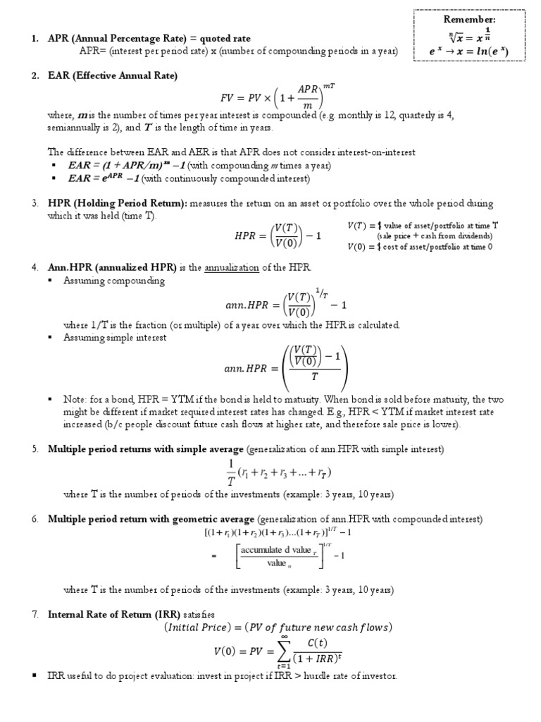 Cheat Sheet Measuring Returns | PDF | Annual Percentage Rate | Internal ...