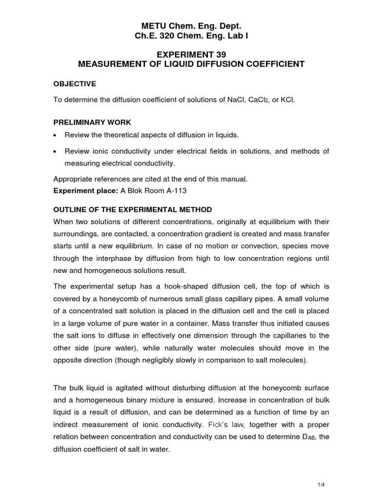 Liquid Diffusion Coefficient Experiment | PDF | Diffusion | Electrical ...