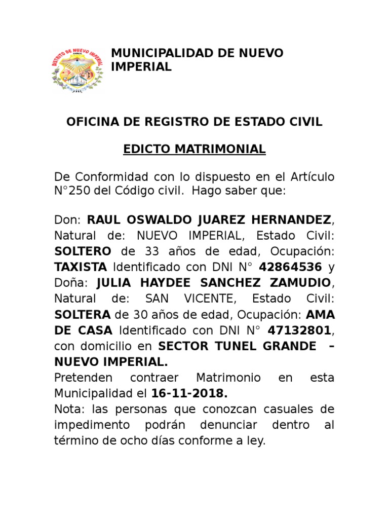 Edicto Matrimonial | PDF | Matrimonio | Instituciones sociales