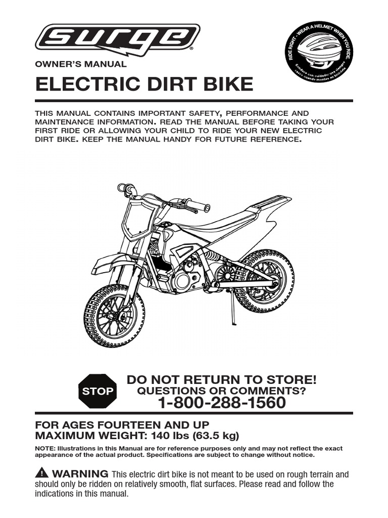 Electric Dirt Bike: Owner'S Manual | PDF | Battery Charger | Tire