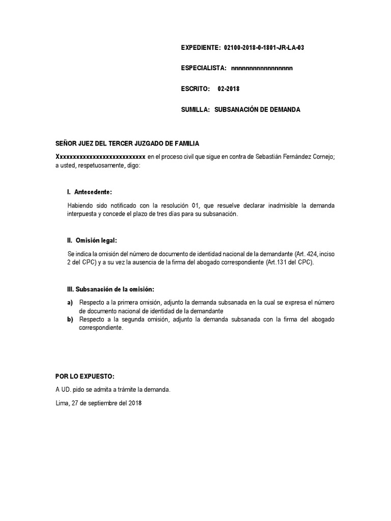 Escrito de Subsanación de Demanda