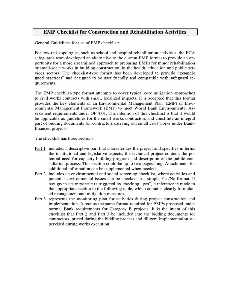 EMP Checklist for Construction Projects | PDF | Wastewater | Demolition