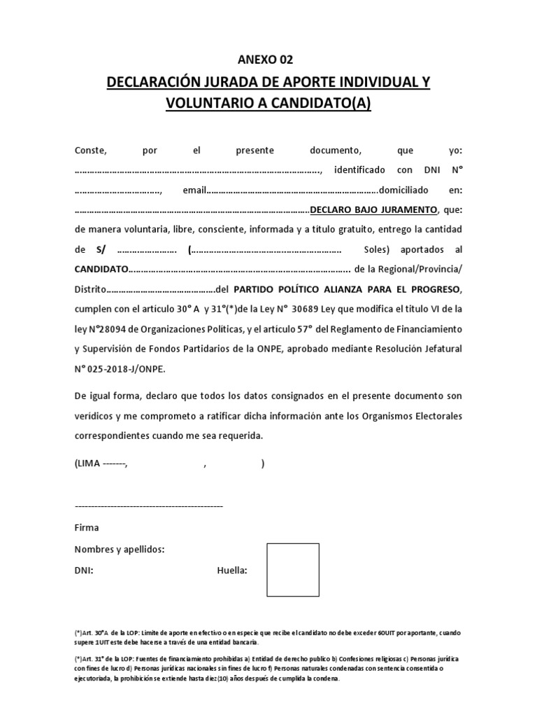 Anexo 02 Declaracion Jurada de Aporte en Efectivo | PDF