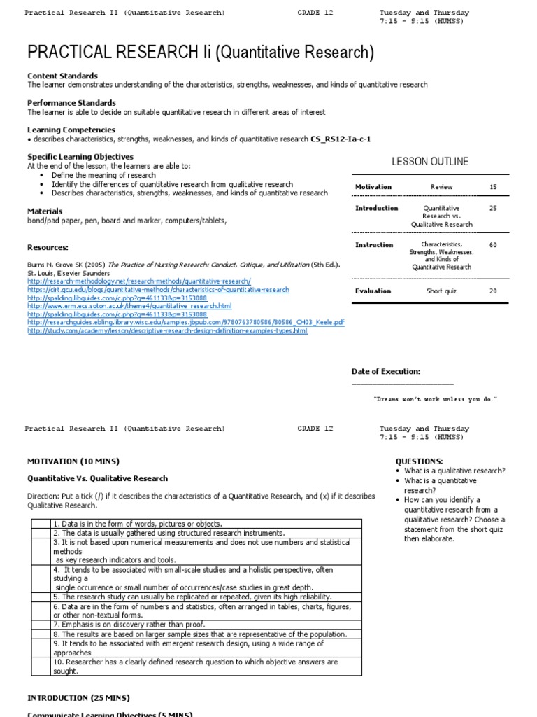 PRACTICAL RESEARCH Ii (Quantitative Research) : Lesson Outline | PDF ...