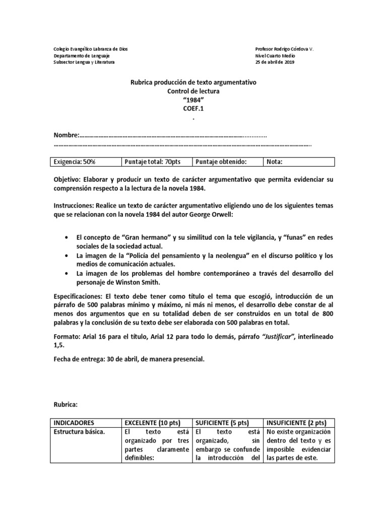 Rubrica 4 Medio Control de Lectura 1984 | PDF | Cognición | Ciencia cognitiva