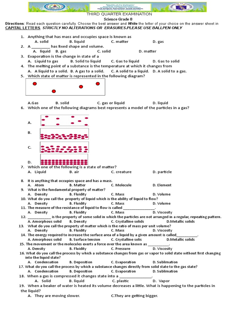 3rd Quarter Examination - Grade 8 | PDF | Liquids | Gases