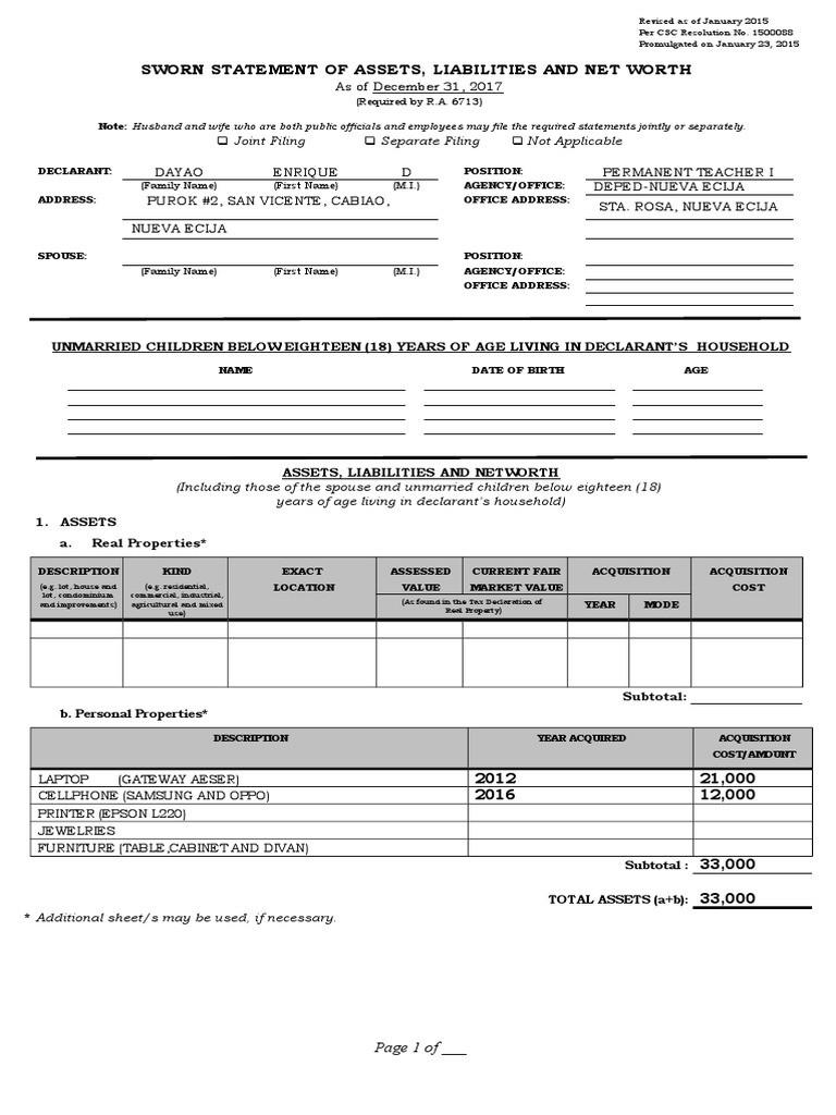 Sworn Statement of Assets, Liabilities and Net Worth: (Required by R.A ...