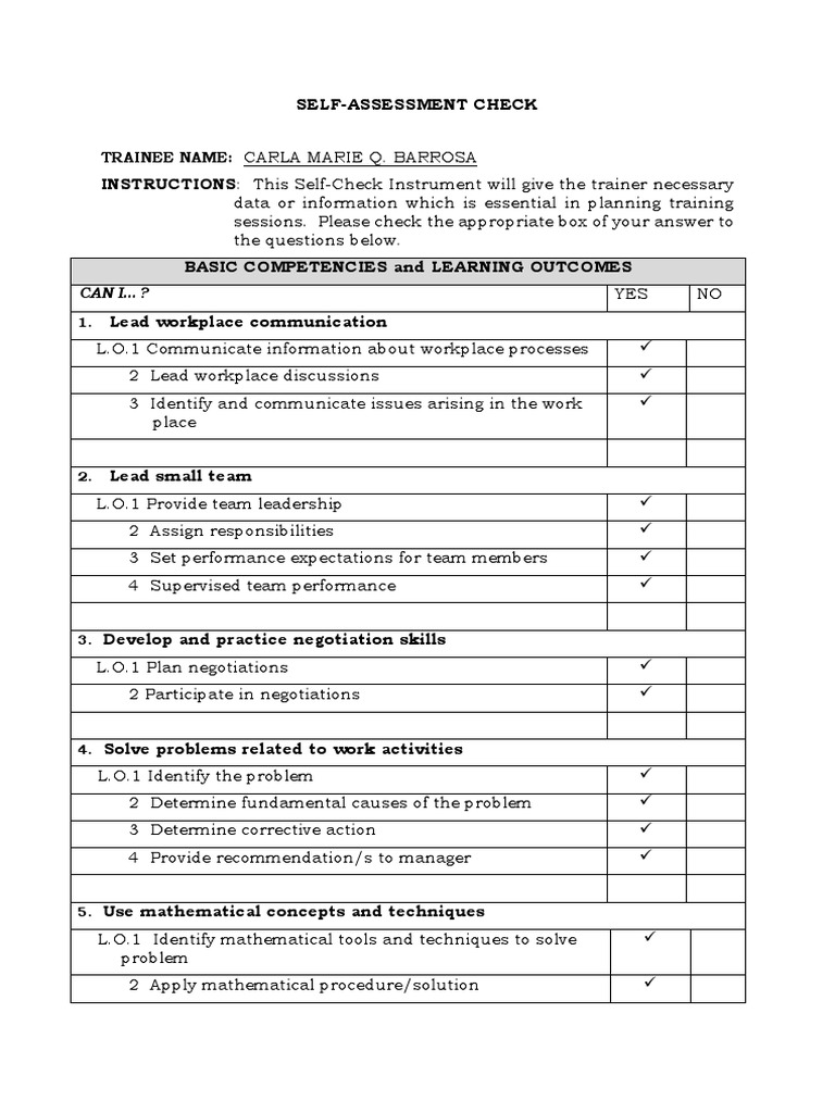 01A SELF-ASSESSMENT CHECK LIST (Done) | PDF | Negotiation | Regulatory ...