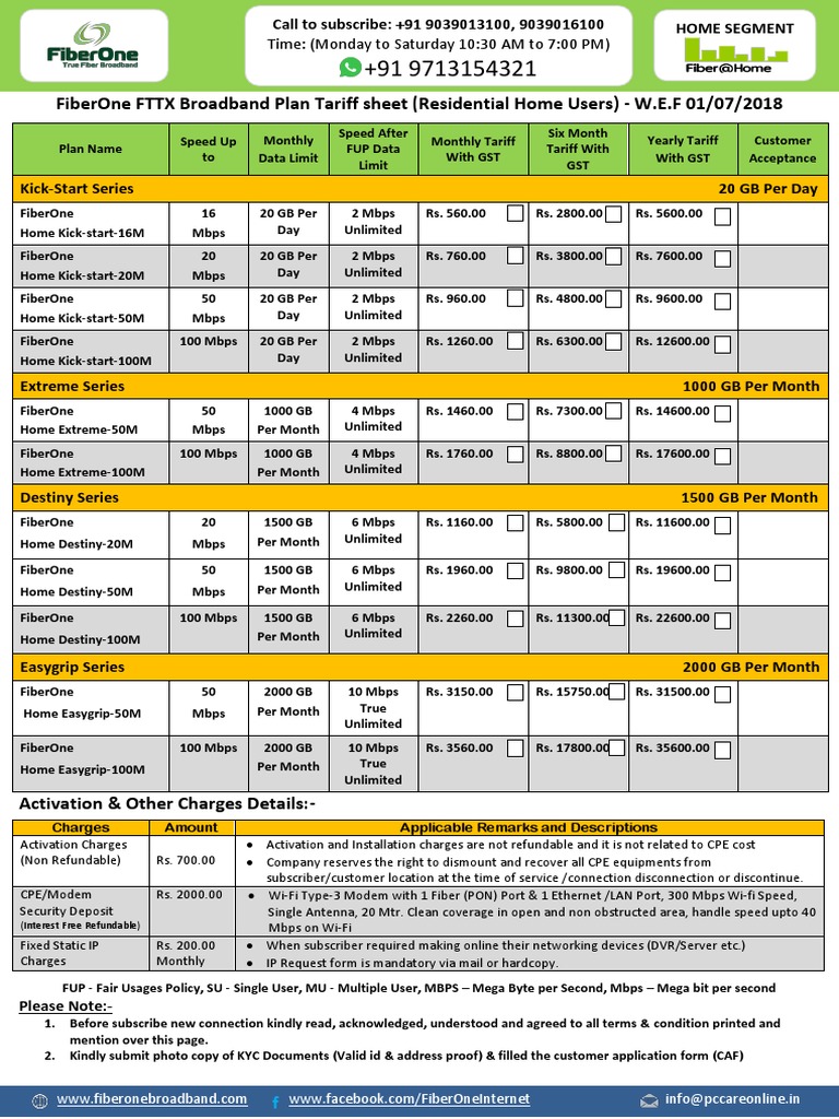 FiberOne Home Plan Sheet | PDF | Customer Premises Equipment | Fiber To ...