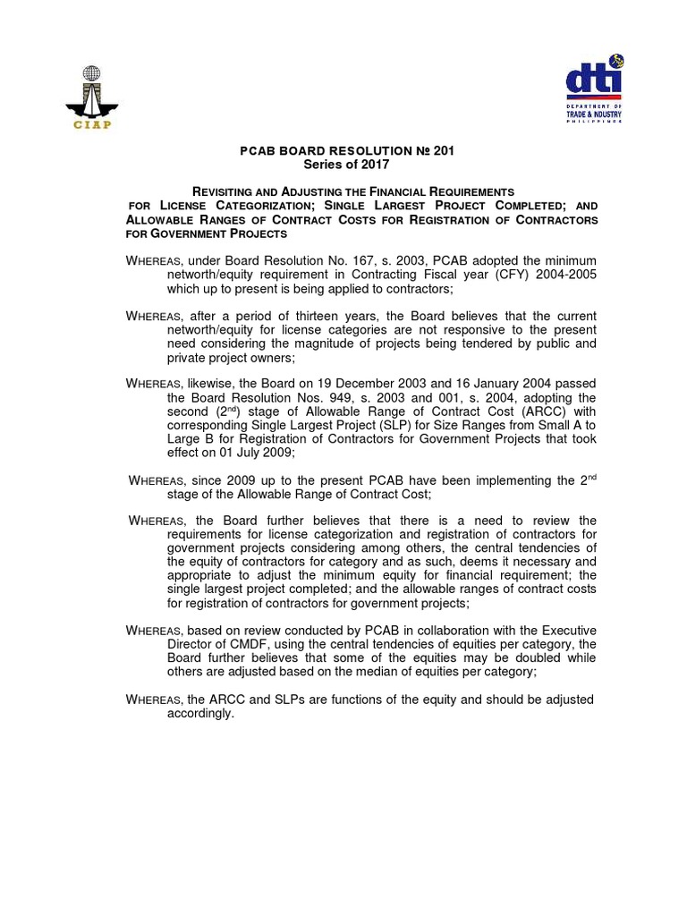 Pcab Board Resolution № 201 Series of 2017 R A F R L C ; S L P C ; A R ...