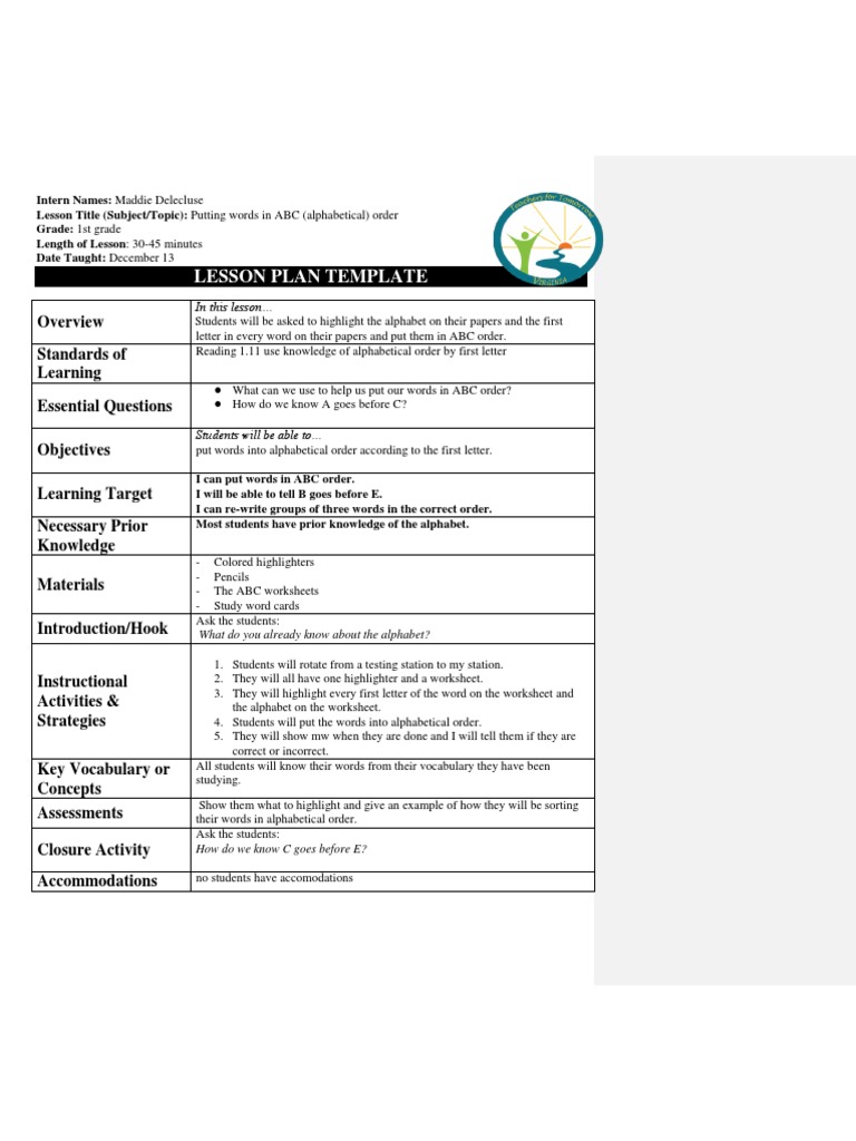 Lesson Plan Alphabetical Order | PDF | Lesson Plan | Vocabulary