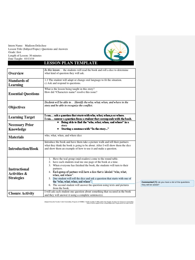 Lesson Plan Template: Standards of Learning Essential Questions ...