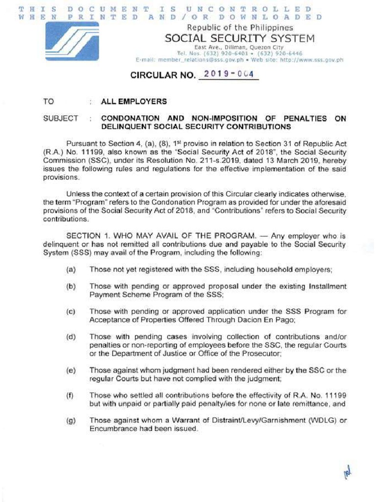 SSS Circular No. 2019-004 (Condonation and Non-Imposition of Penalties ... SSS Circular No. 2019-004 (Condonation and Non-Imposition of Penalties ...