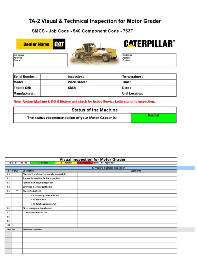 Motor Grader Inspection Checklist | PDF | Transmission (Mechanics) | Axle