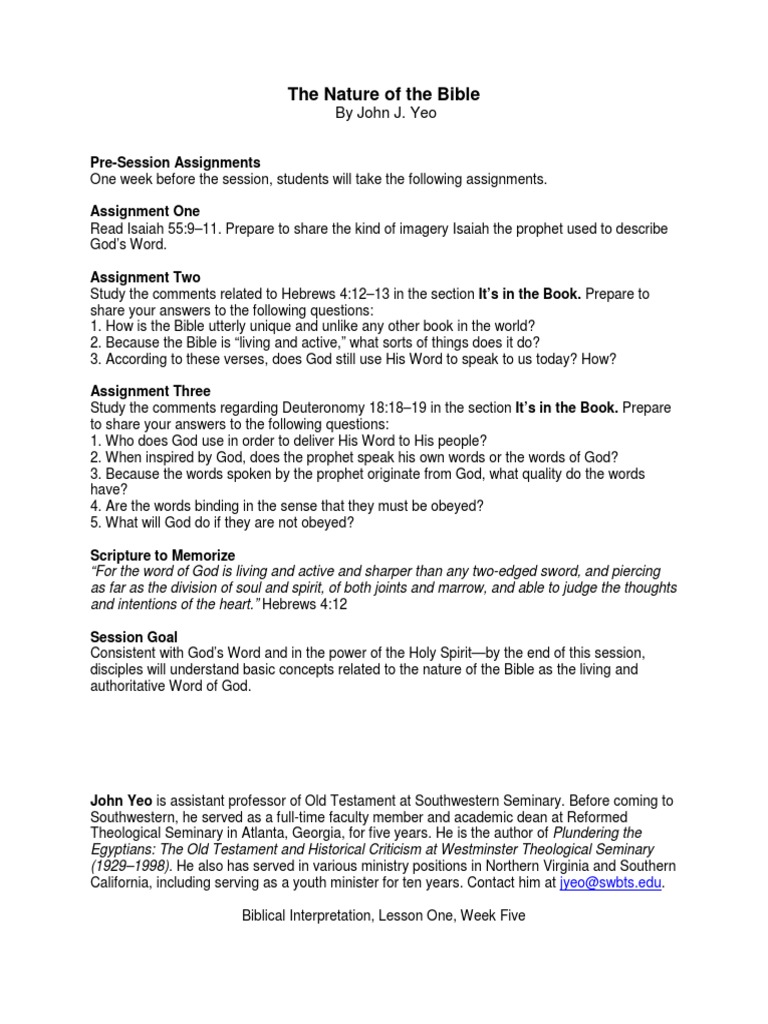 The Nature of The Bible: Pre-Session Assignments | PDF | Prophet | Bible