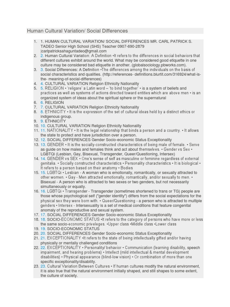 Human Cultural Variation/ Social Differences | Download Free PDF ...