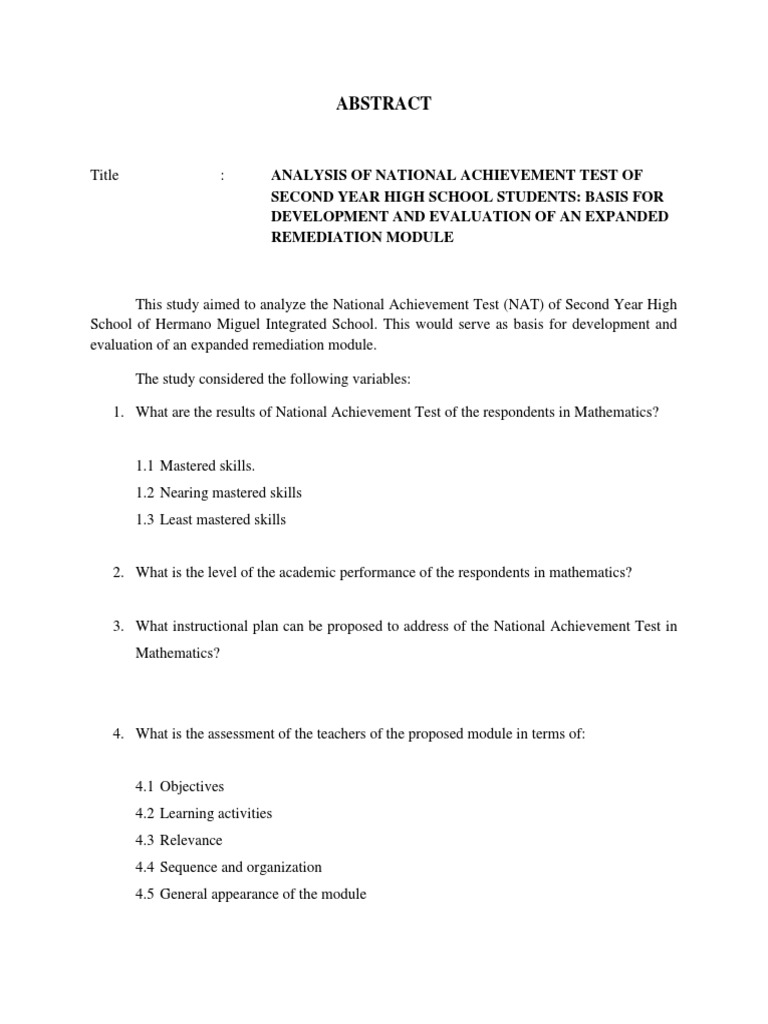 Analysis of National Achievement Test of Second Year High School ...