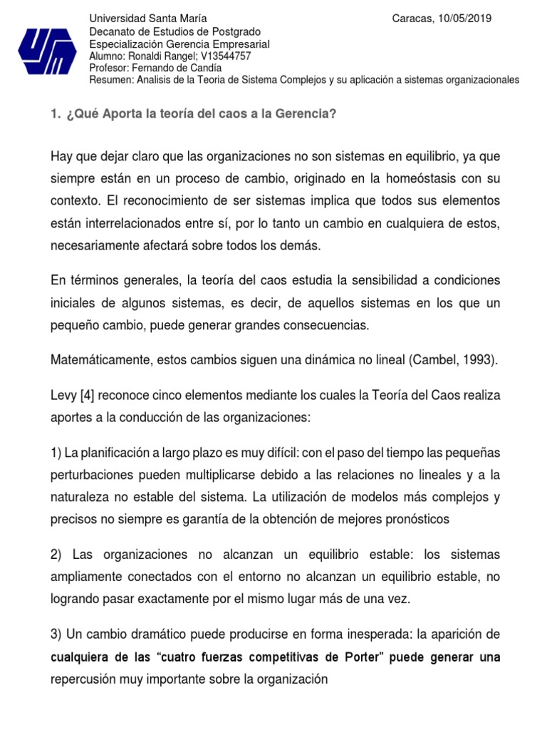 Resumen Analisis de La Teoria de Sistema Complejos y Su Aplicación A Sistemas Organizacionales ...