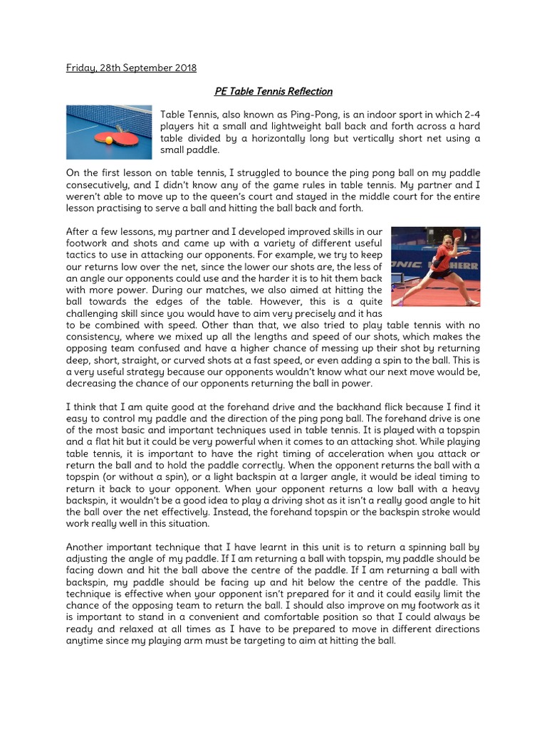 Pe Table Tennis Reflection | PDF | Table Tennis | Games Of Physical Skill