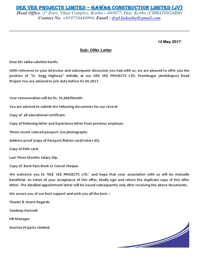 Dee Vee Offer Letter | PDF