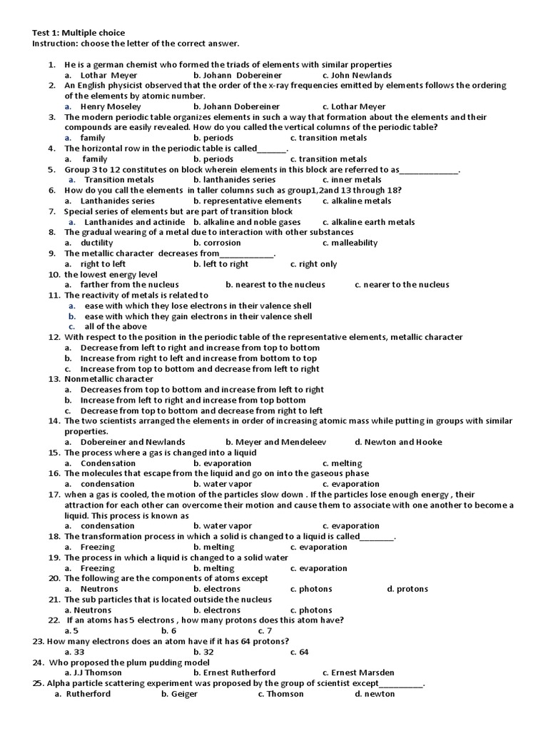 Test 1: Multiple Choice | PDF | Atoms | Electron