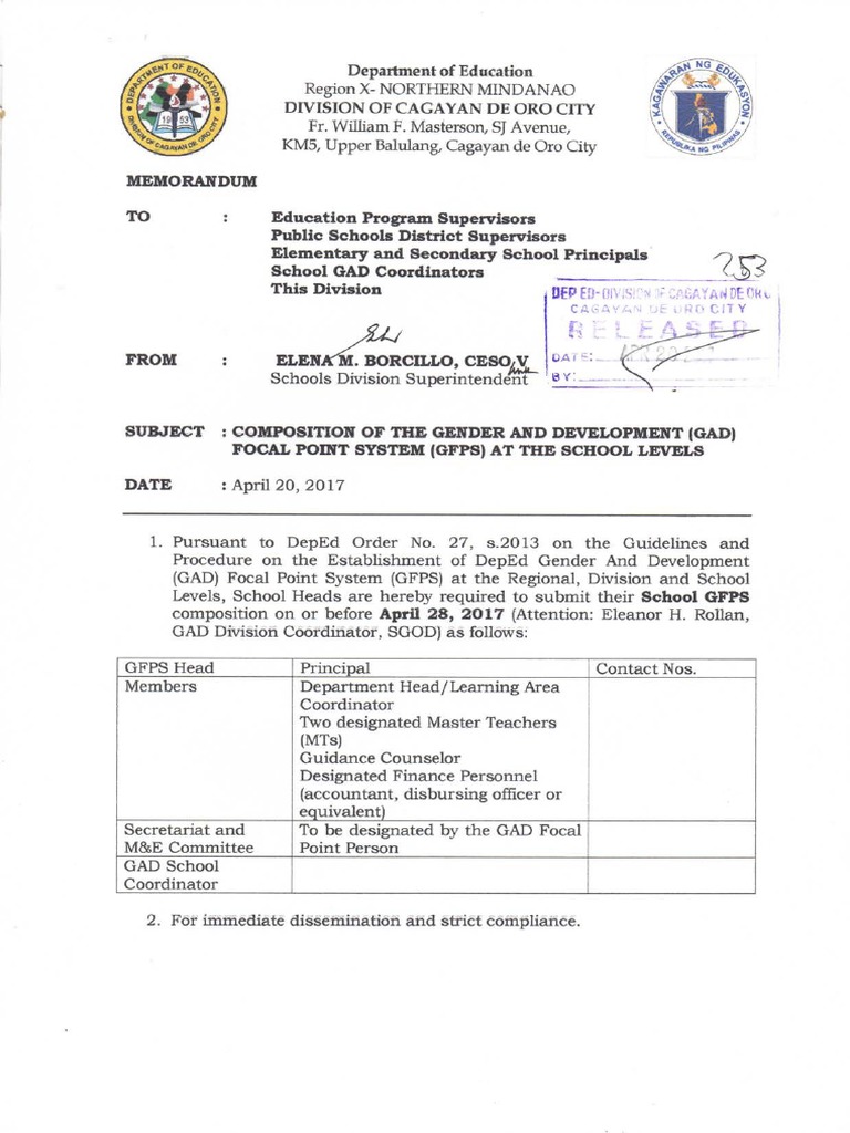 Memo253s2017 Composition of the Gender and Development GAD Focal Point ...