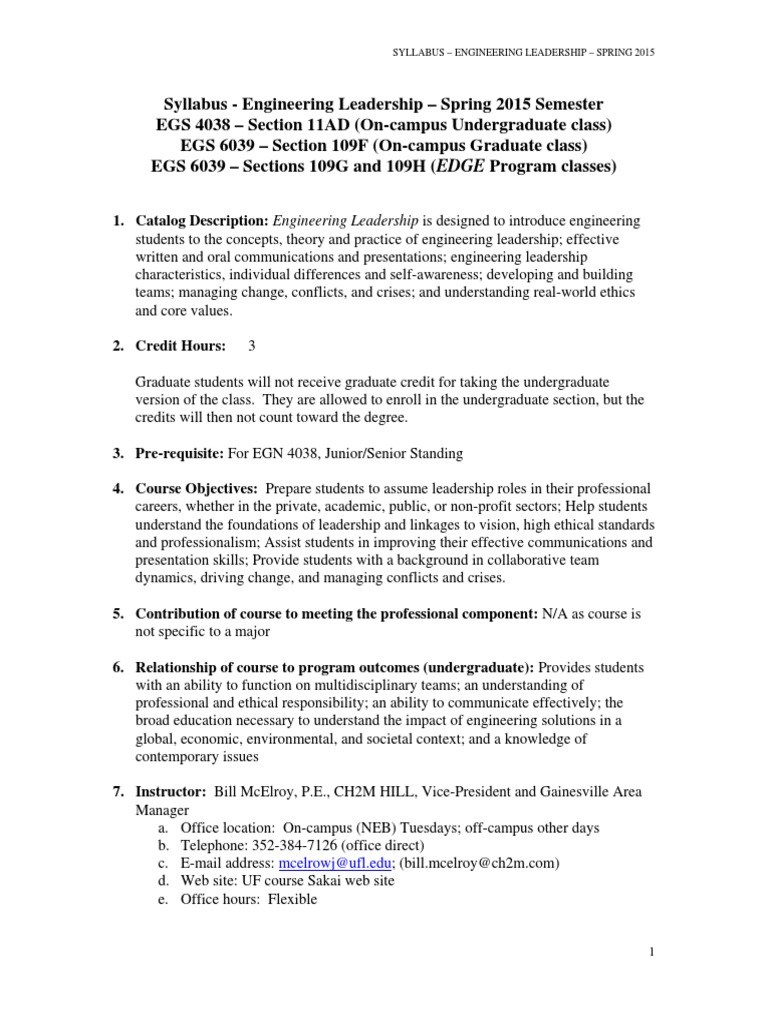 Engineering Leadership Syllabus Springl 2015 v1 | PDF | Homework ...