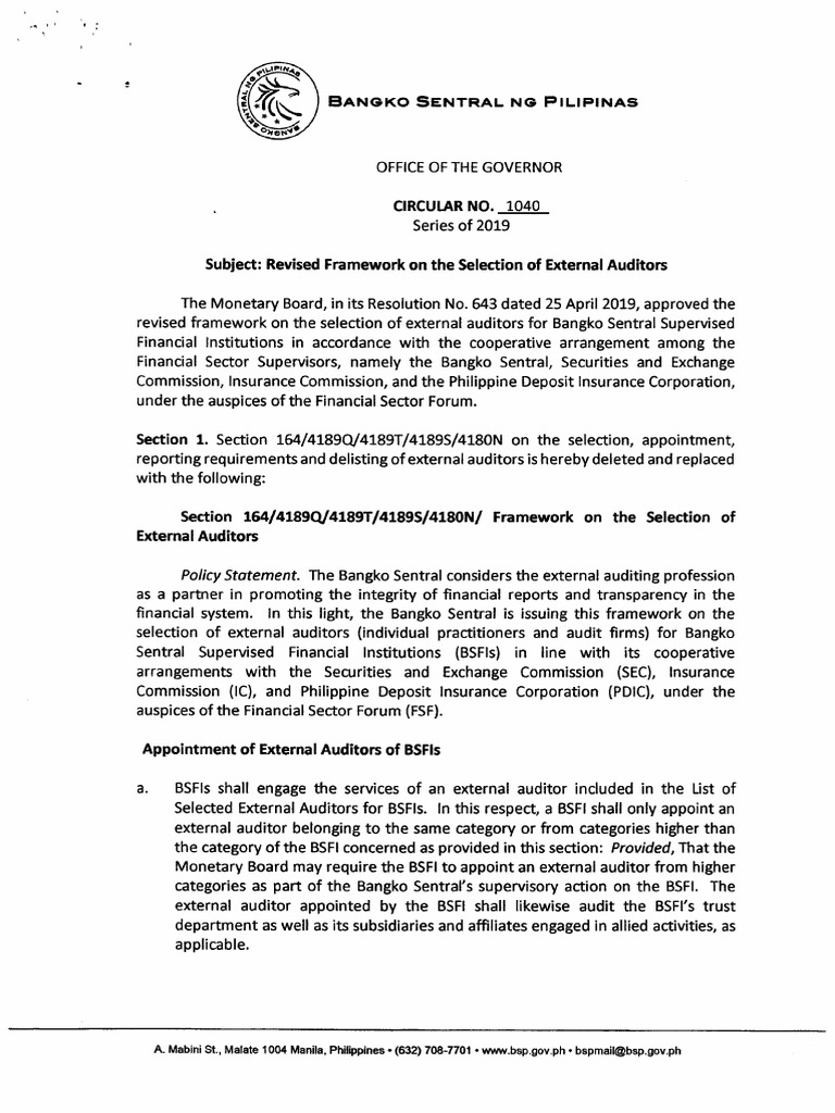 BSP Framework for External Auditors | PDF | Audit | Financial Audit