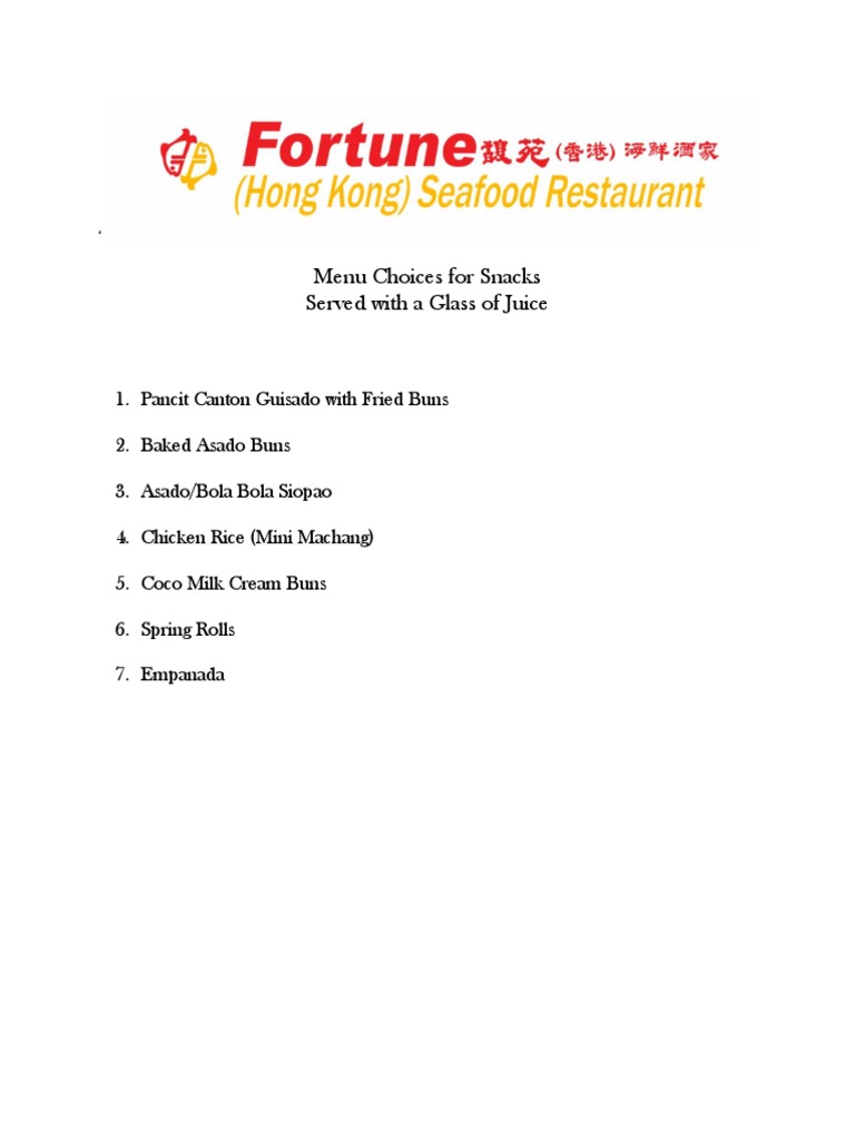 Menu Choices For Snacks Served With A Glass of Juice | PDF