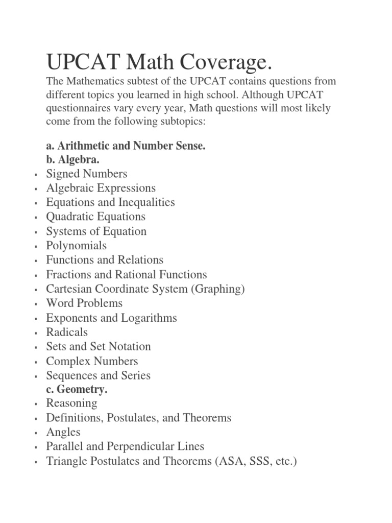 UPCAT Math Coverage | PDF | Trigonometry | Teaching Mathematics