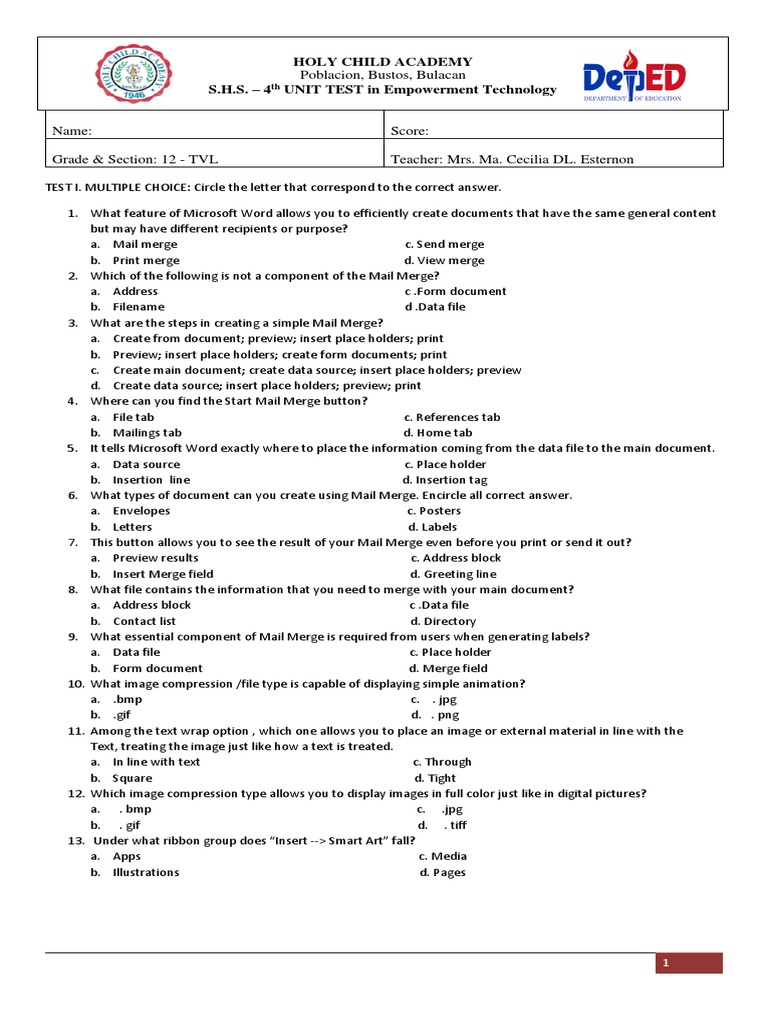 4th Unit Test in Empowerment Technology | PDF | Microsoft Word ...
