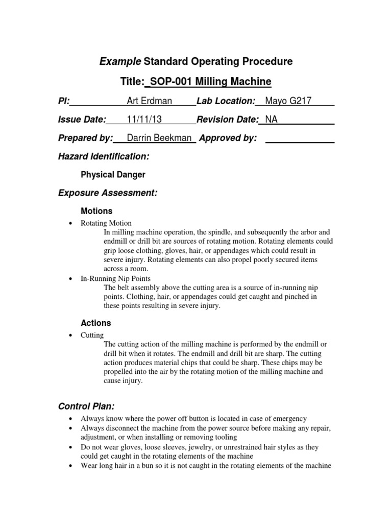 SOP001 - Milling Machine | PDF | Machines | Belt (Mechanical)