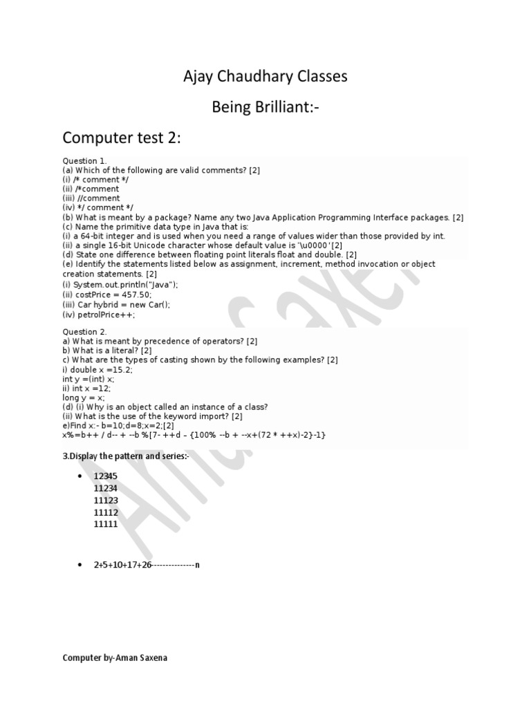 Ajay Chaudhary Classes Being Brilliant:-Computer Test 2 | PDF | Integer ...