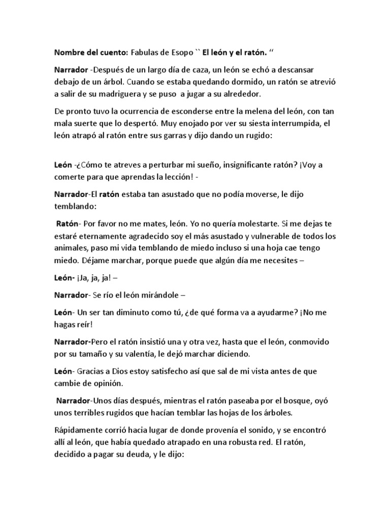 El león y el ratón: fábula de Esopo | PDF | León | Ocio