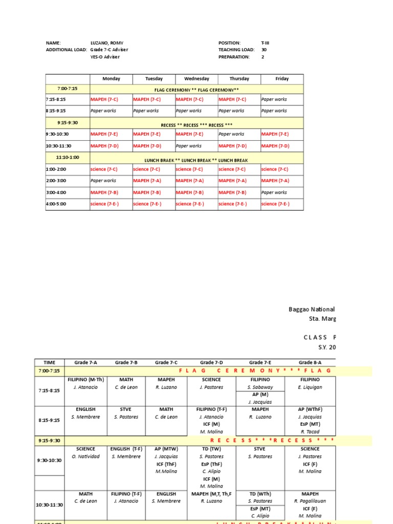 Name: Position: ADDITIONAL LOAD: Grade 7-C Adviser Teaching Load ...