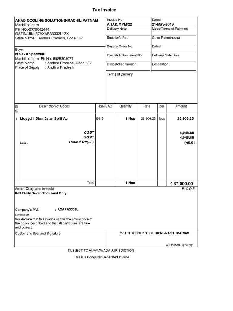 Tax Invoice: Machilipatnam PH NO:-8978042444 GSTIN/UIN: 37AXAPA3302L1ZX ...