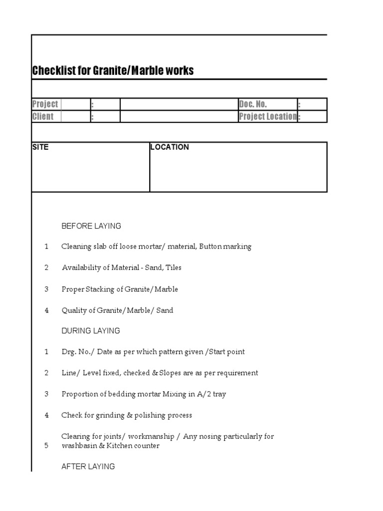 Checklist For Granite/Marble Works: Project: Doc. No.: Client: Project ...