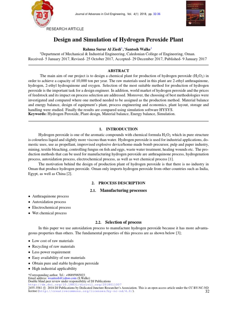 Design and Simulation of Hydrogen Peroxide Plant: Manufacturing ...